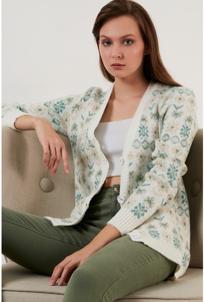 Lela Desenli Düğmeli V Yaka Hırka Kadın Hırka 4615078