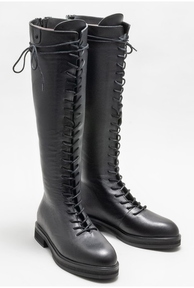 Elle Shoes Siyah Deri Kadın Düz Çizme