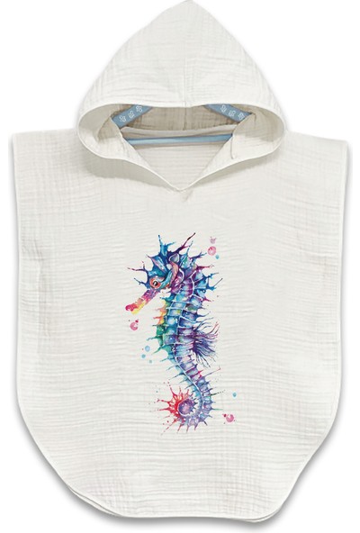 Limon Deniz Atı Desenli Baskılı 4 Kat Müslin Kapüşonlu Panço