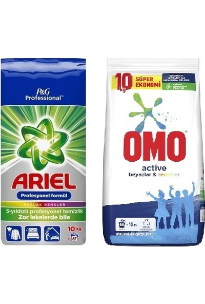 Ariel Profesyonel Parlak Renkler 10 kg + Omo Active Toz Çamaşır Deterjanı Beyazlar ve Renkliler 10 kg Ariel Profesyonel Parlak Renkler 10 kg + Omo Active Toz Çamaşır Deterjanı Beyazlar ve Renkliler 10 kg