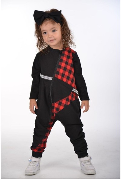 Riccotarz Kız Çocuk Ekose Garnili Kırmızı Tulum
