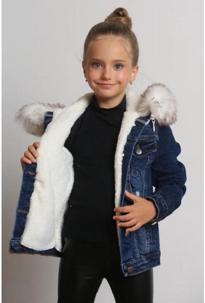 Riccotarz Kız Çocuk Kapşonu Tak-Çıkar Beyaz Kürklü Denim Mont