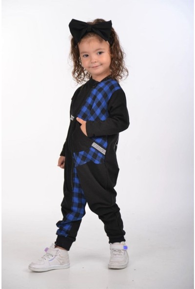 Riccotarz Kız Çocuk Ekose Garnili Mavi Tulum