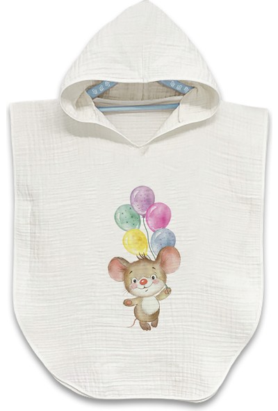 Limon Mouse Fare Desenli Baskılı 4 Kat Müslin Kapüşonlu Panço