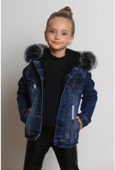 Riccotarz Kız Çocuk Kapşonu Tak-Çıkar Gri Kürklü Denim Mont