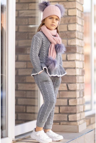 Riccotarz Kız Çocuk Atkı ve Bereli Desenli Gri Triko Alt Üst Takım