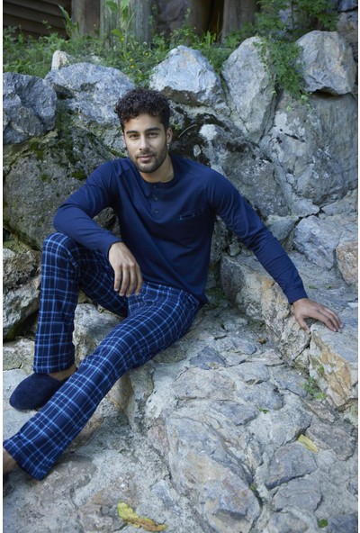 Aydoğan Erkek Pamuklu Penye Süprem Uzun Kollu Altı Ekoseli Pijama Takımı