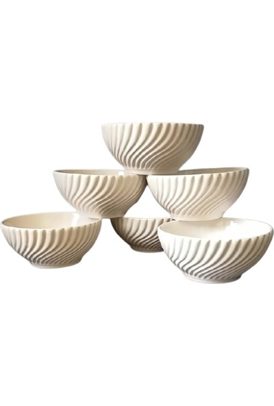Ege 6 Adet Seramik Çorba, Komposto, Çerezlik Kase Kabartma Desenli Beyaz Renk