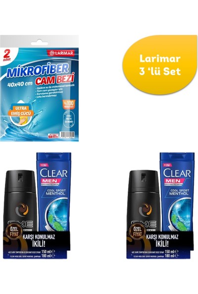 Larimar 2'li Mikrofiber Temizlik Bezi Axe Dark Temptation Deodorant 150 ml + Clear Şampuan 180 ml Larimar 2'li Mikrofiber Temizlik Bezi Axe Dark Temptation Deodorant 150 ml + Clear Şampuan 180 ml