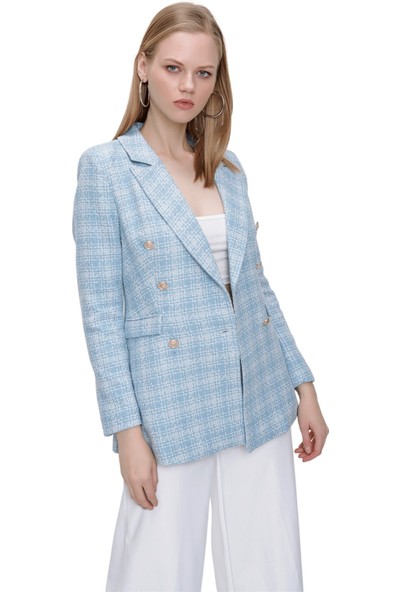 Butikburuc Kadın Mavi Kruvaze Yaka Blazer Ceket