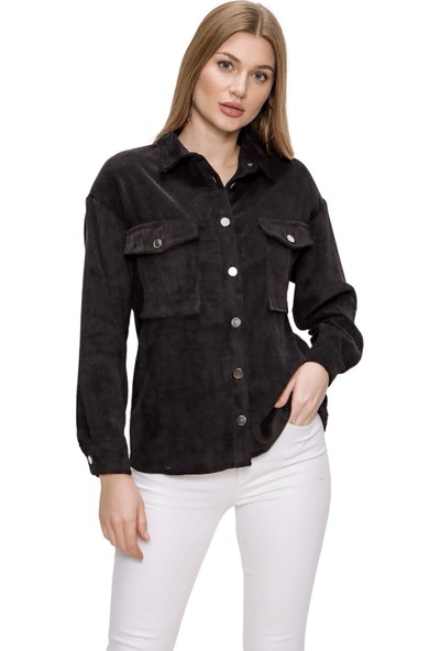 Butikburuc Kadın Siyah Çizgili Kadife Gömlek
