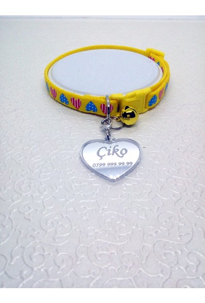 Sempati Store Kalpli Tasma Sarı + Gümüş Kalp Kedi İsimlik Künyesi