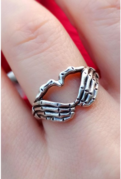 Fildişi Aksesuar Antik Gümüş Kaplama Kalp Eller Şekilli El Yapımı Ayarlanabilir Yüzük