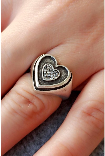 Fildişi Aksesuar Antik Gümüş Kaplama Zirkon Taşlı Kalp Şekilli El Yapımı Ayarlanabilir Yüzük