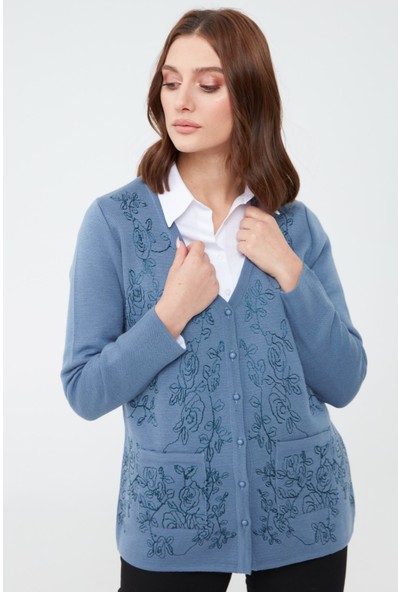 Desen Triko Kadın V Yaka Işlemeli Hırka H.mavi
