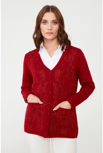 Desen Triko Kadın V Yaka Işlemeli Hırka K.kırmızı