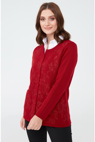 Desen Triko Kadın Sıfır Yaka Önü Işlemeli Hırka Yk.kırmızı