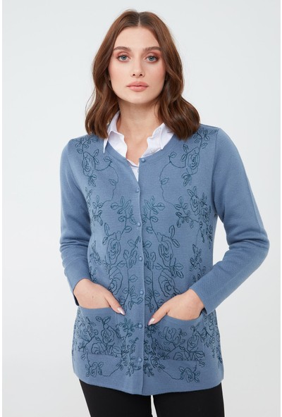 Desen Triko Kadın Sıfır Yaka Önü Işlemeli Hırka H.mavi