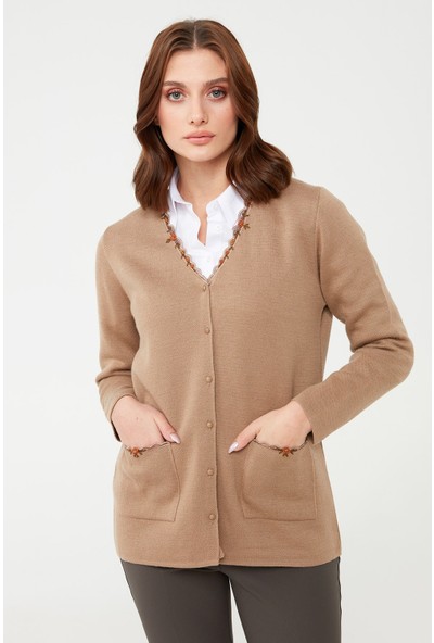 Desen Triko Kadın V Yaka Uzun Kollu Hırka