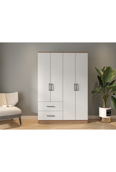 Abete 4 Kapılı 2 Çekmeceli Ceviz-Beyaz Gardırop