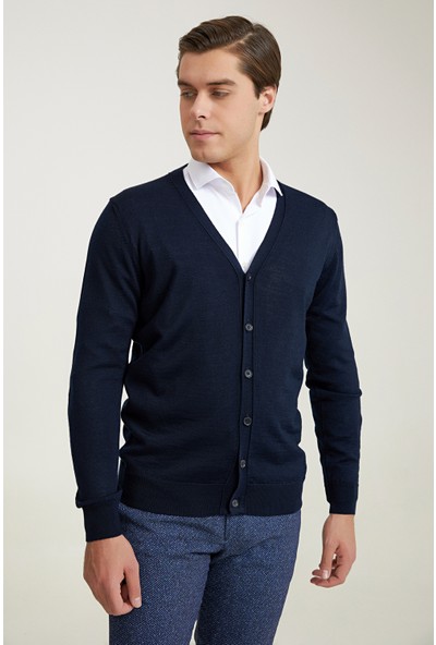 Ds Damat Regular Fit Lacivert Düz Örgü Hırka