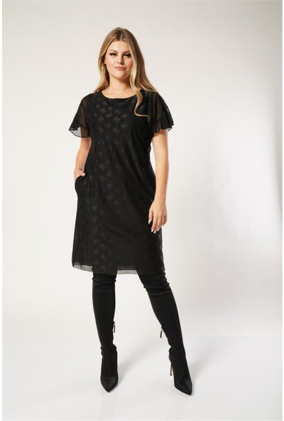 Nelly Büyük Beden Kol Volanlı Siyah Tül Elbise Nelly Büyük Beden Kol Volanlı Siyah Tül Elbise