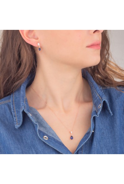 Miavi Silver 925 Ayar Gümüş Safir Taşlı Damla Kolye Küpe Set