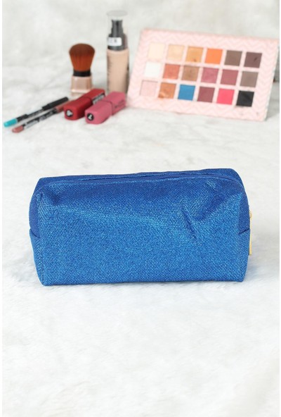 Kırmızı Papyon Lacivert Tasarım Simli Makyaj Çantası