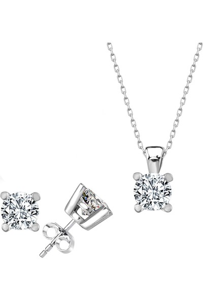 Swarovski Taşlı Tektaş Küpe Kolye Ikili Kadın Set