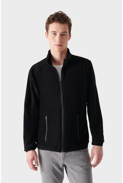 AVVA Erkek Siyah Fermuarlı Dik Yaka Hırka Düz Polar A12Y1069
