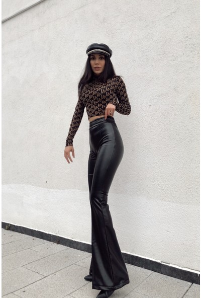 İksora Kadın Yüksek Bel Ispanyol Paça Suni Deri Pantolon