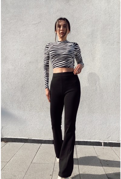 İksora Kadın Siyah Yüksek Bel Çelik Örme Toparlayıcı Ispanyol Paça Tayt Pantolon