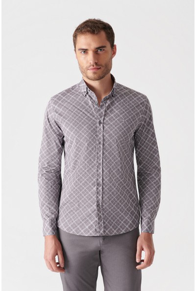 AVVA Erkek Gri Baskılı Düğmeli Yaka Regular Fit Gömlek A12Y2210