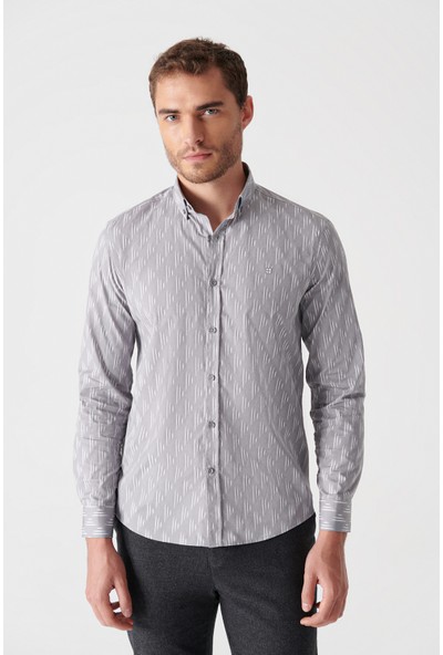 AVVA Erkek Gri Baskılı Düğmeli Yaka Regular Fit Gömlek A12Y2211