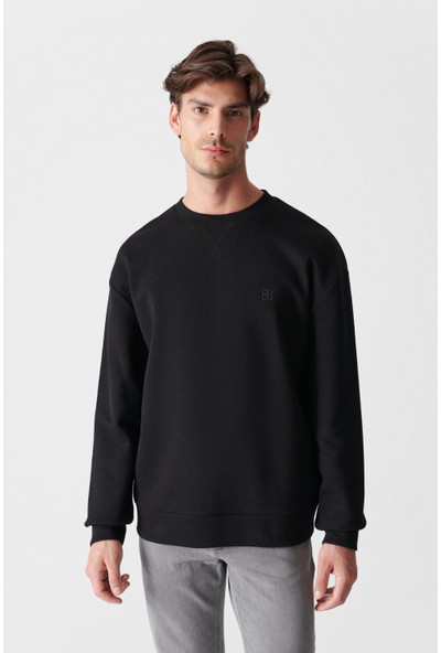 AVVA Erkek Siyah Bisiklet Yaka Düz Sweatshirt A12Y1072