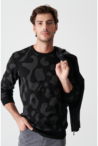 AVVA Erkek Siyah Bisiklet Yaka Jakarlı Kazak A12Y5036