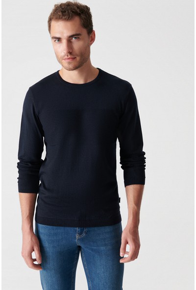 AVVA Erkek Lacivert Bisiklet Yaka Jakarlı Kazak A12Y5058