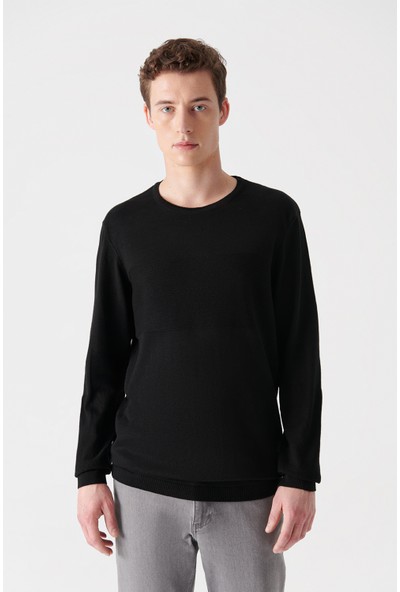 AVVA Erkek Siyah Bisiklet Yaka Jakarlı Kazak A12Y5058