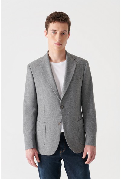 AVVA Erkek Gri Mono Yaka Düz Slim Fit Torba Cepli Ceket A12Y4041