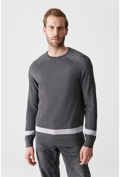 AVVA Erkek Gri Bisiklet Yaka Jakarlı Kazak A12Y5021