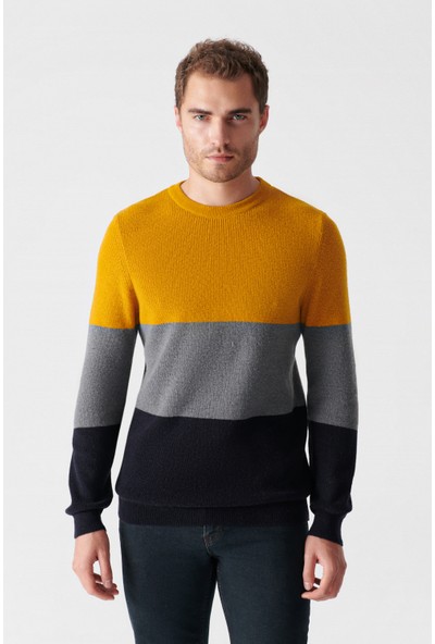 AVVA Erkek Hardal Bisiklet Yaka Enine Çizgili Kazak A12Y5024