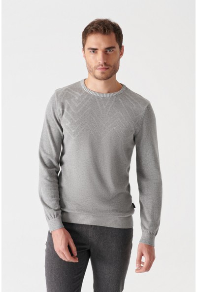 AVVA Erkek Gri Bisiklet Yaka Jakarlı Kazak A12Y5037