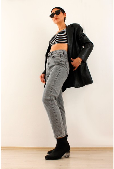 Bi Moda Gri Yüksek Bel Mom Jean Pantolon