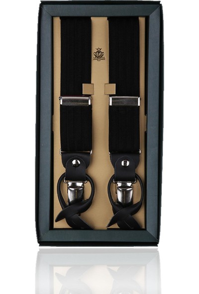 Kravatkolik Deri Bağlantılı Düğme Delikli Jakarlı Siyah Pantolon Askısı PAN76