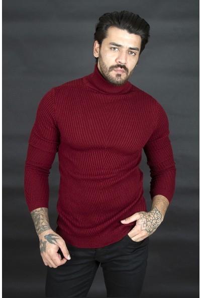 Deepsea Bordo Örgü Desenli Slimfit Balıkçı Yaka Kazak 1808082 Deepsea Bordo Örgü Desenli Slimfit Balıkçı Yaka Kazak 1808082