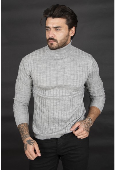 Deepsea Gri Tam Balıkçı Yaka Çizgili Örme Kazak 2100014