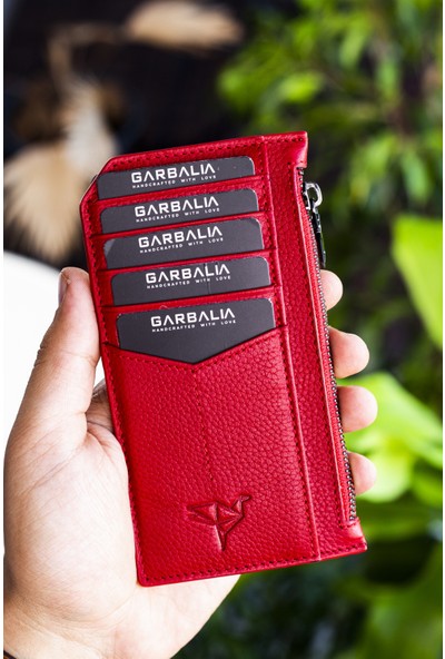 Garbalia Blush Hakiki Deri Fermuarlı Unisex Kartlık Cüzdan Kırmızı