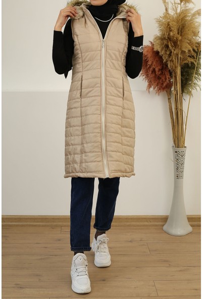 İmaj Butik Kapşonlu Şişme Yelek-Bej