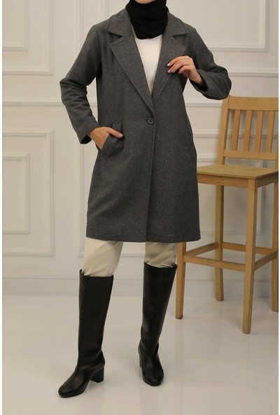 İmaj Butik Tek Düğmeli Astarlı Kaşe Kaban/füme