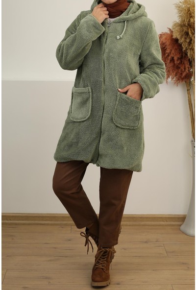 İmaj Butik Kapşonlu Peluş Kürk Kaban/yeşil İmaj Butik Kapşonlu Peluş Kürk Kaban/yeşil
